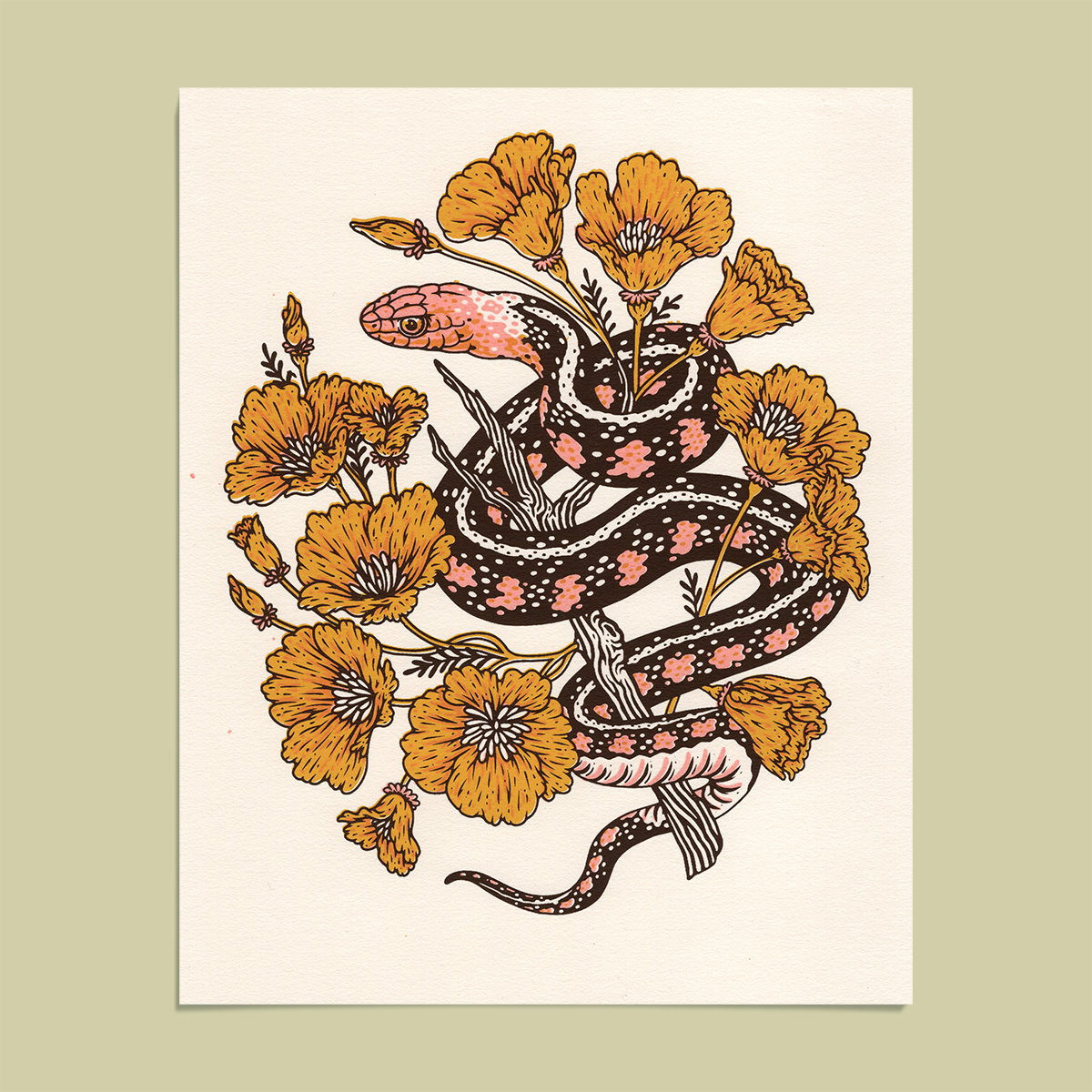 8x10" Screenprint: Snake & Poppies